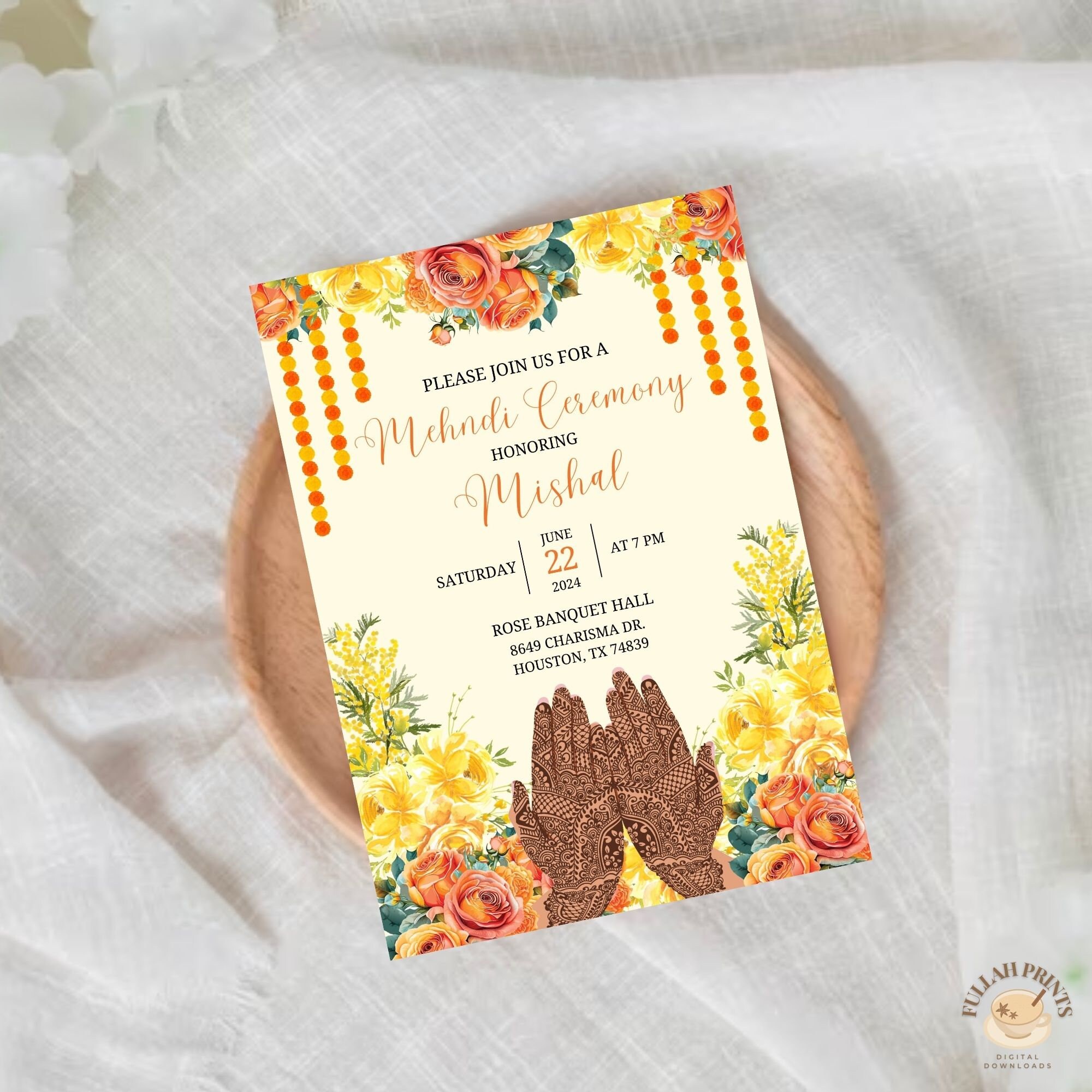 Yellow and Orange Mehndi Invitation, Floral Mehndi Invite, Henna Invite ...