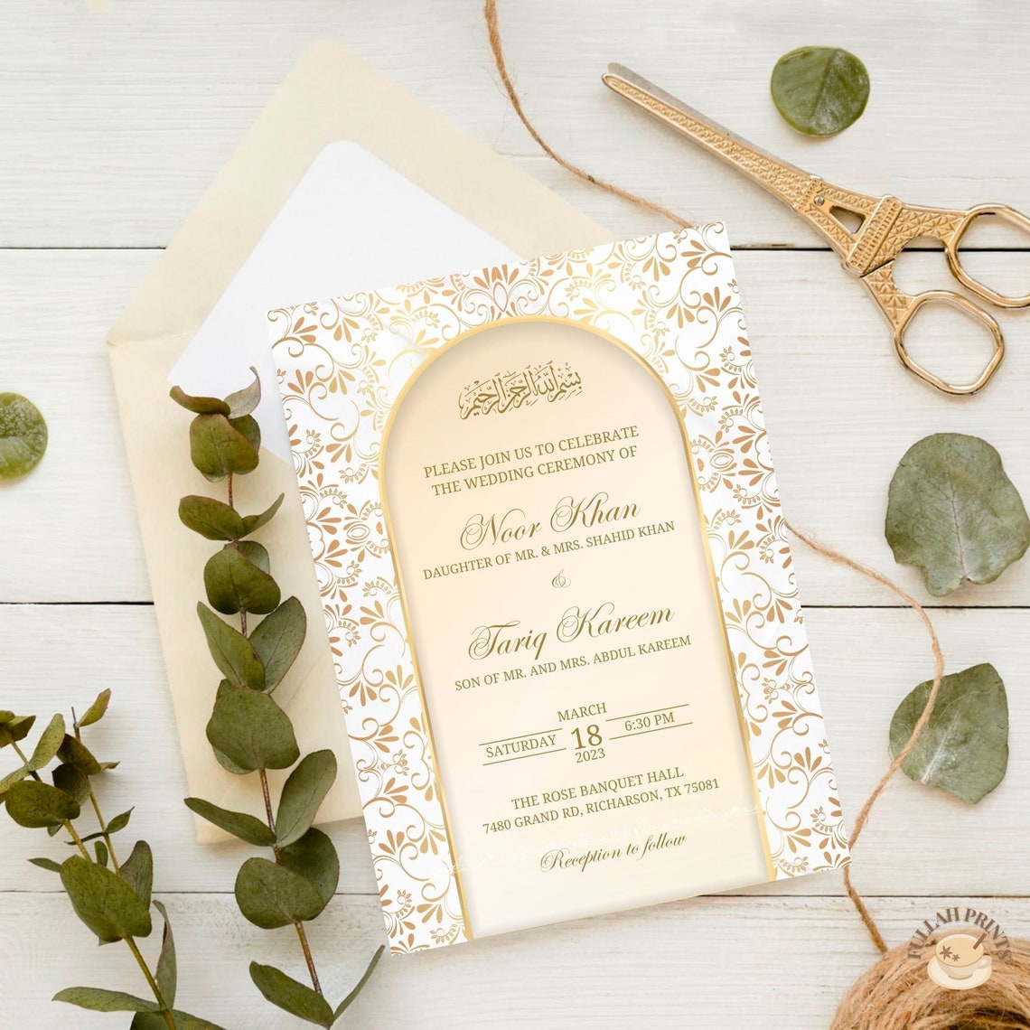 White and Gold Arch Islamic Invitation, Elegant Islamic Invitation ...