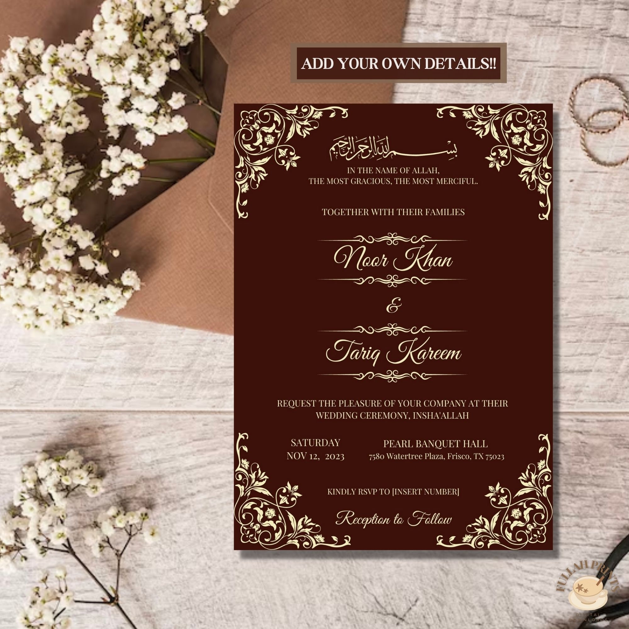 Elegant Maroon Islamic Wedding Invitation, Traditional Islamic Wedding ...