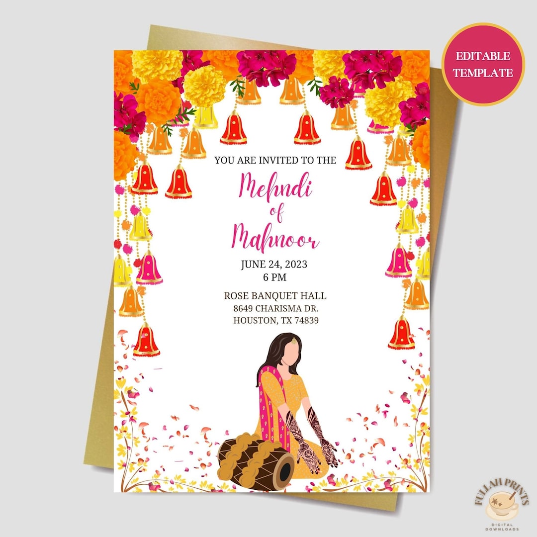 Floral Mehndi Invitation, Dholki Invitation, Editable Template, Mehndi ...