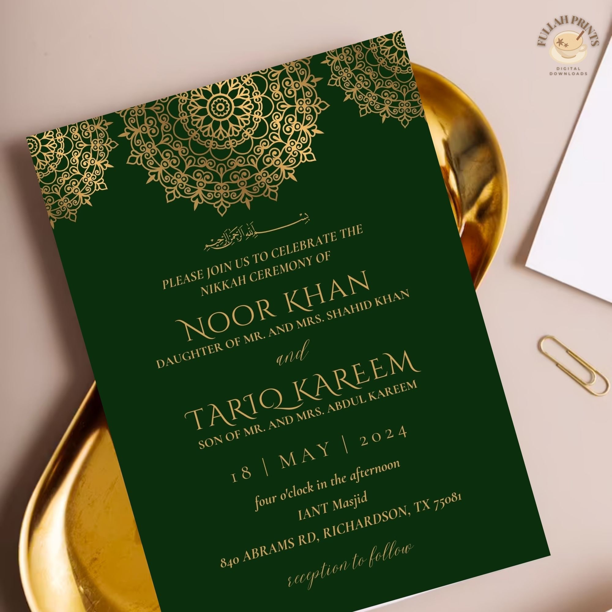Green and Gold Mandala Islamic Wedding Invitation, Editable Nikkah ...