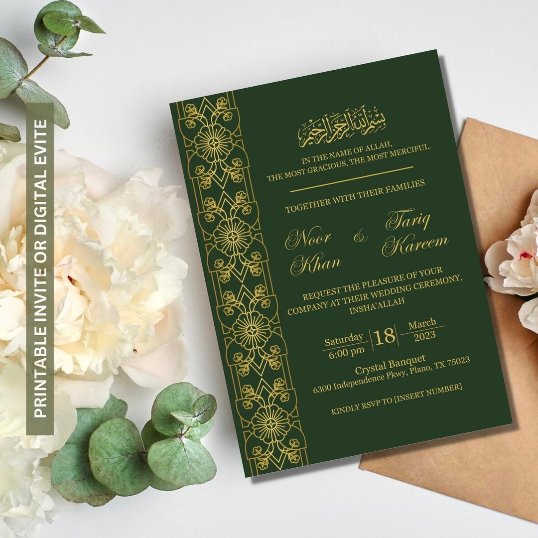 Green and Gold Islamic Wedding Invitation, Editable Template, Green and ...