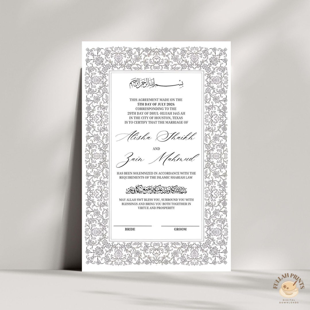 Black and White Nikkah Certificate, Nikkahnama Printable, Floral ...