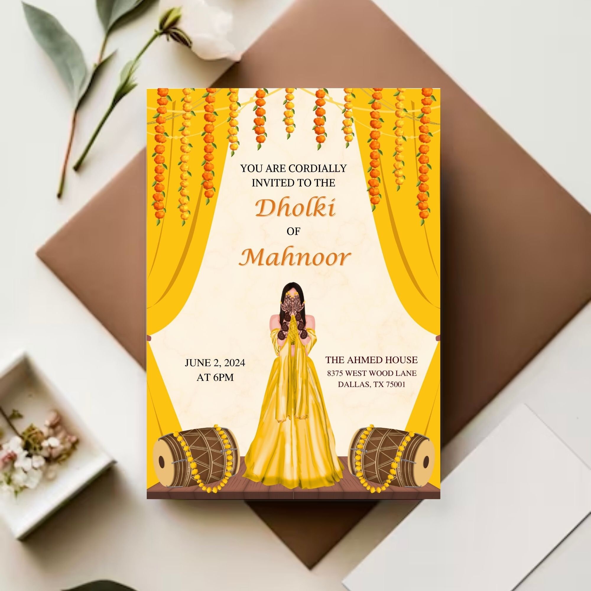 Marigold Dholki Invitation Template, Mayoun Invite, Dholki Invitation ...
