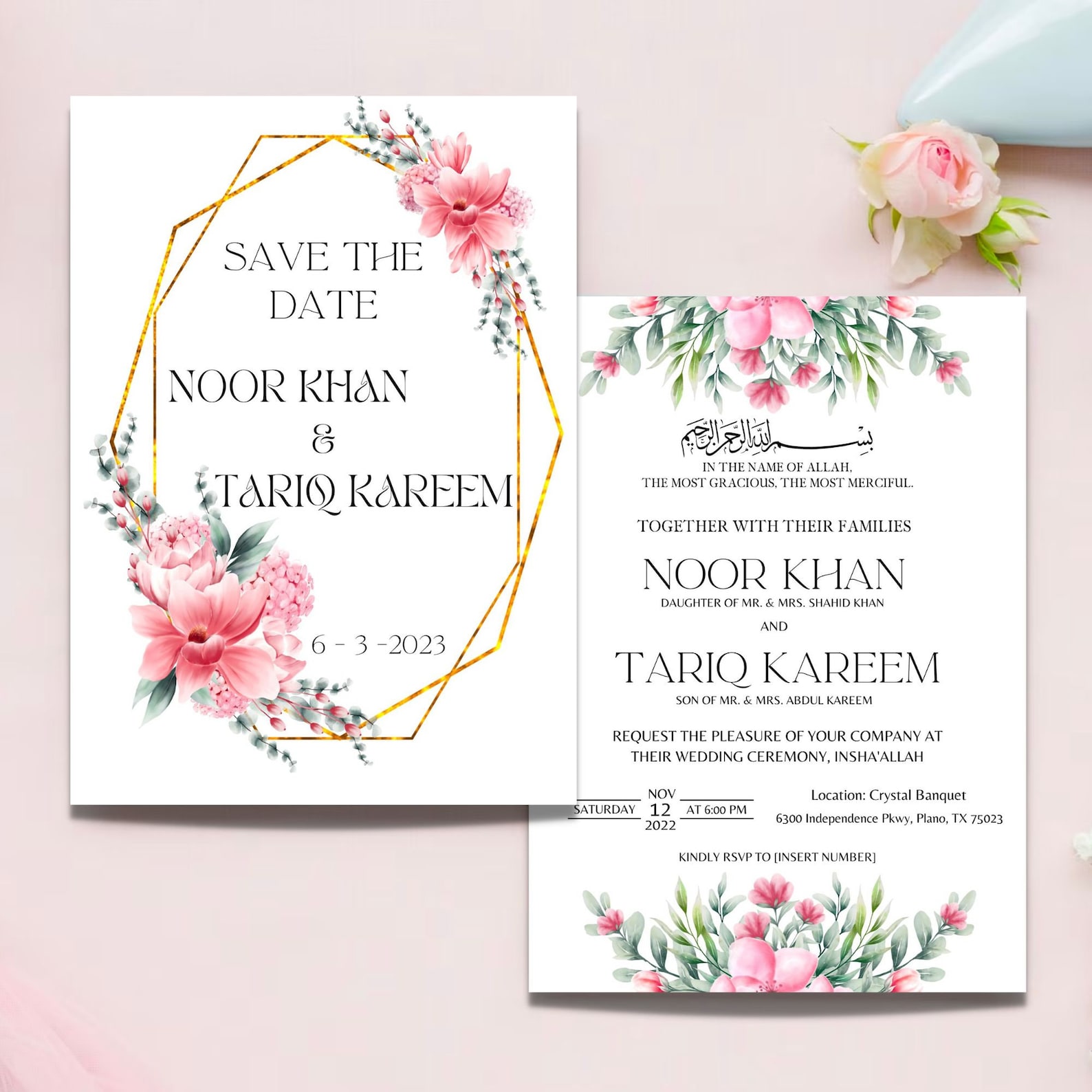 Floral Islamic Wedding Invitation and Save the Date Card, Greenery ...