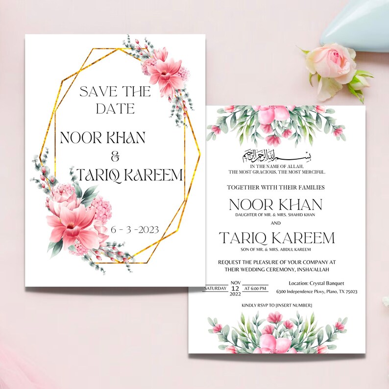 Floral Islamic Wedding Invitation and Save the Date Card, Greenery ...