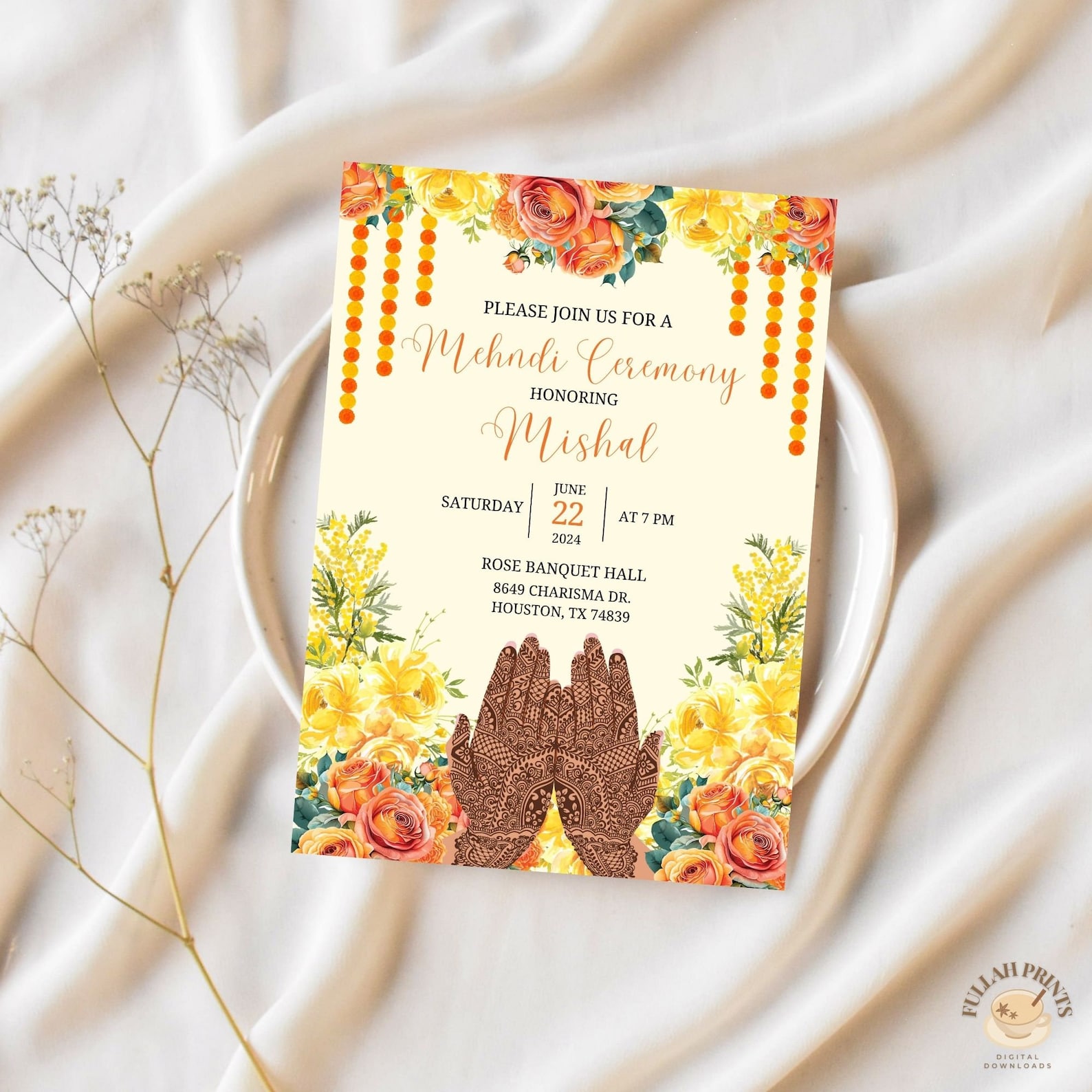 Yellow and Orange Mehndi Invitation, Floral Mehndi Invite, Henna Invite ...