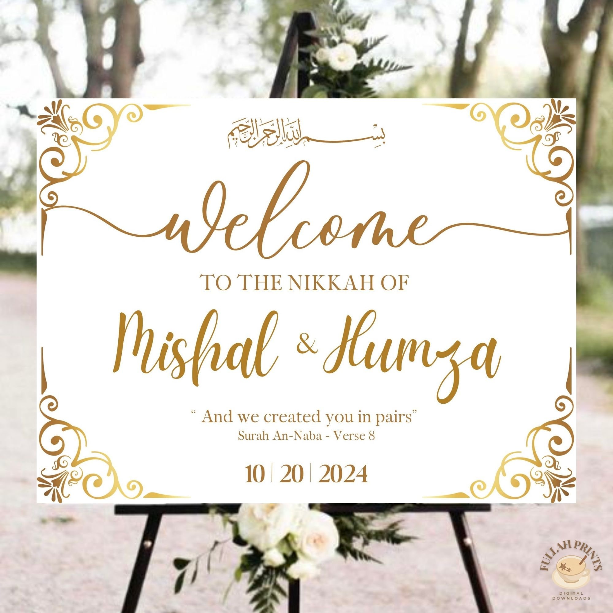 White and Gold Nikkah Welcome Sign, Elegant Islamic Wedding Welcome ...