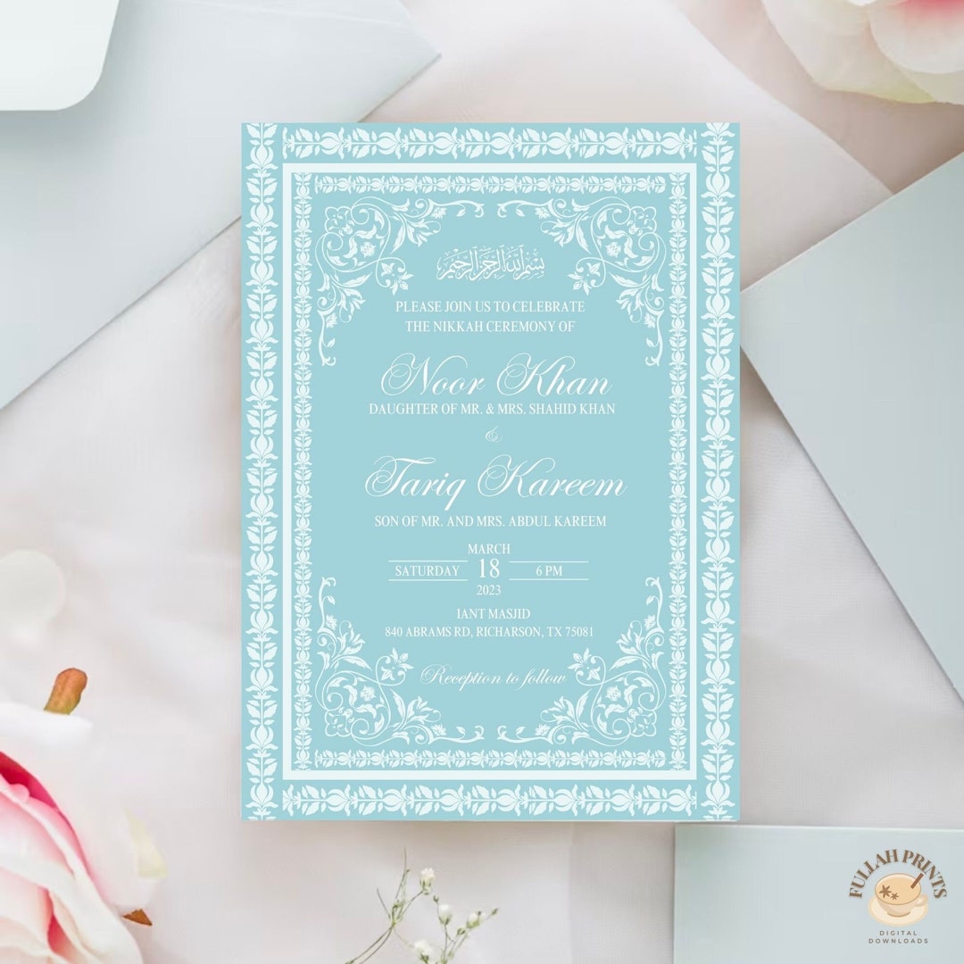 Light Blue Elegant and Luxurious Nikkah Invitation, Pastel Blue Nikkah ...