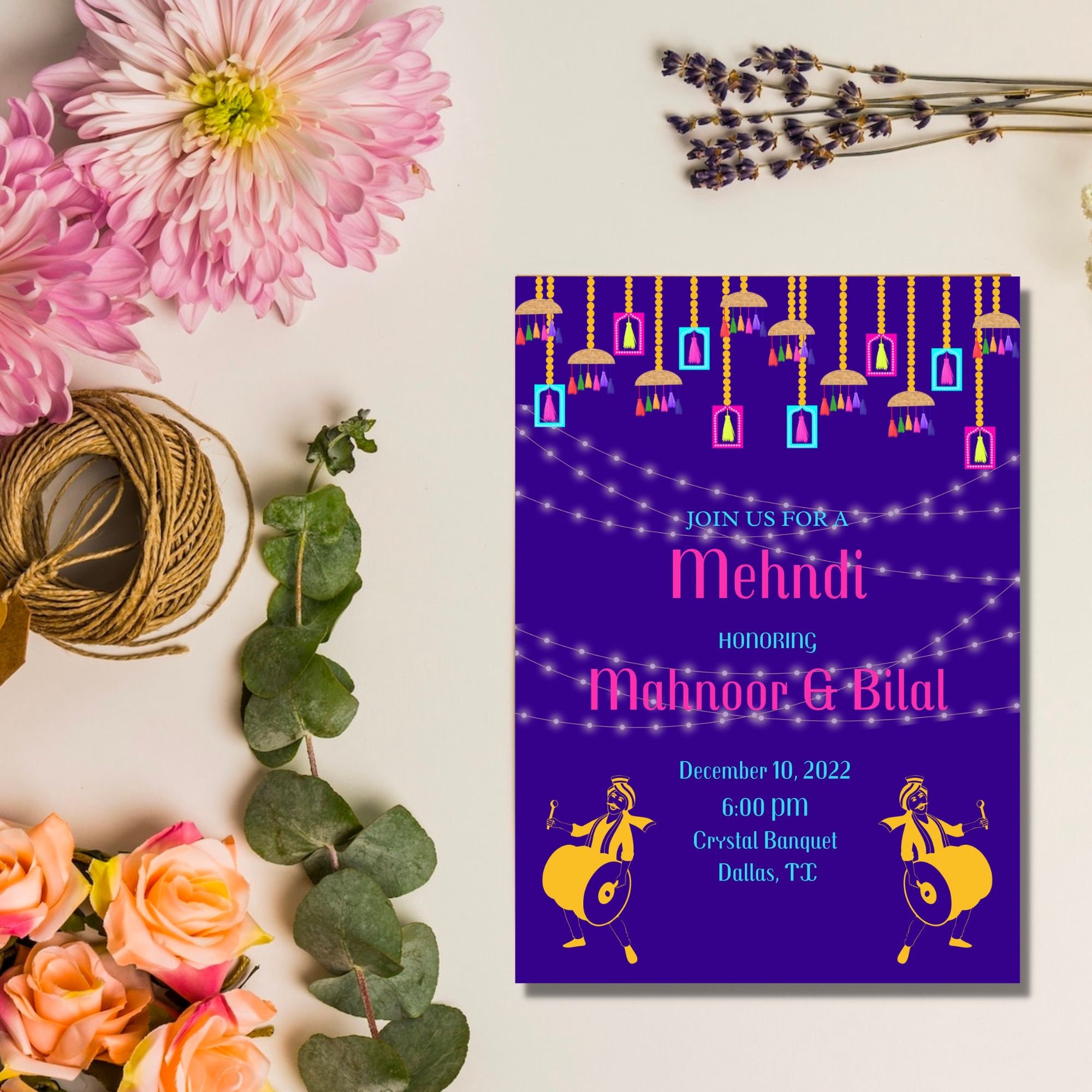 Editable Mehndi Invitation Template, Purple Mehndi Invitation, Colorful ...