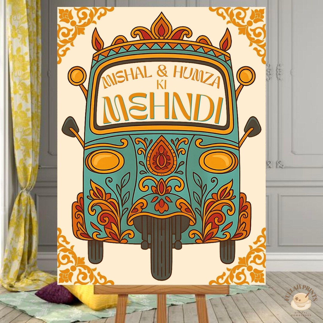 Rickshaw Mehndi Welcome Sign: Desi Bazaar Decor, Dholki Sign ...