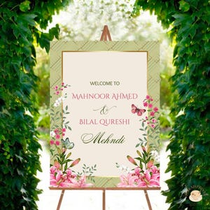 Pink and Green Jaipur Mehndi Welcome Sign, Mughal Mehndi Welcome Sign ...