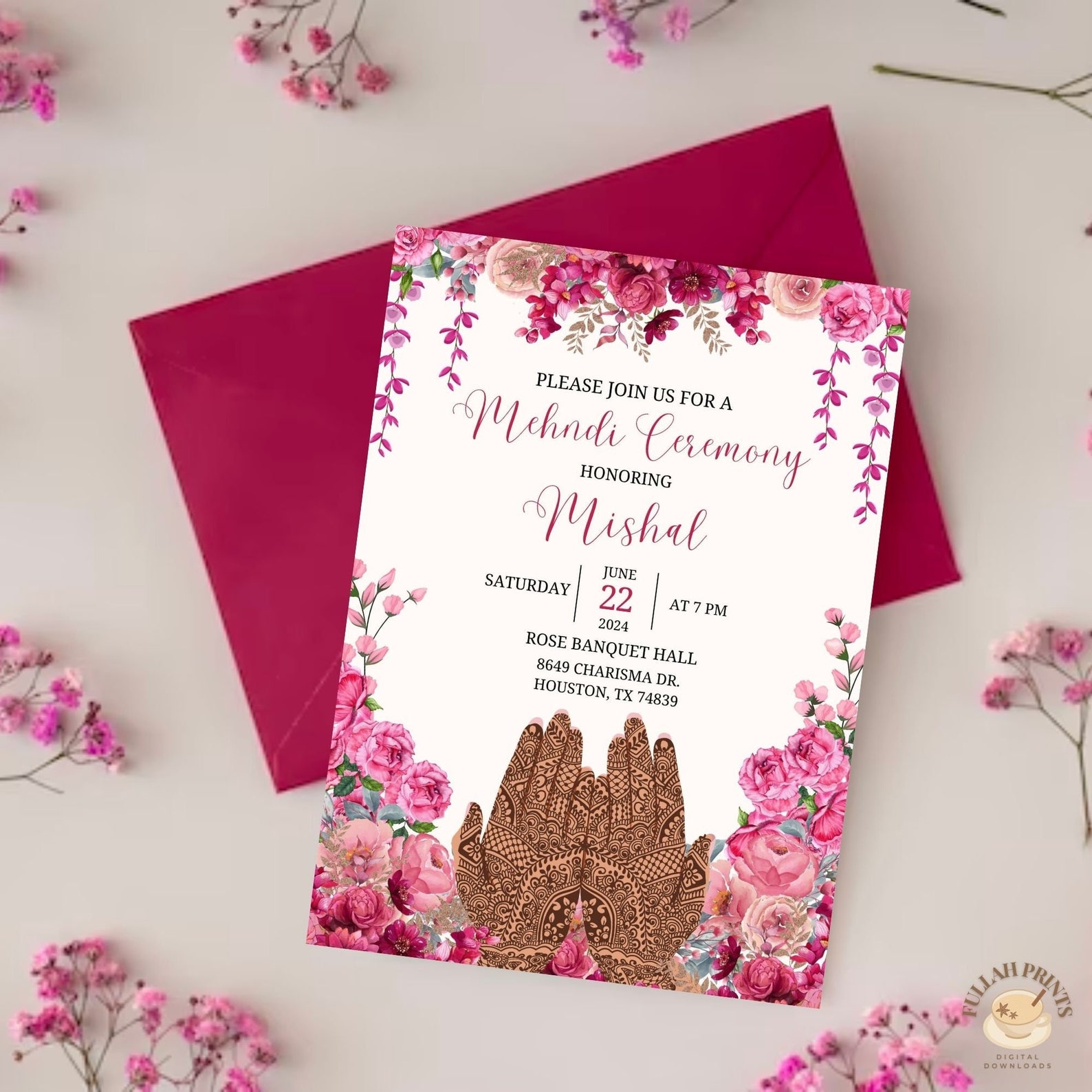 Pink Floral Mehndi Invitation, Floral Mehndi Invite, Henna Invite ...
