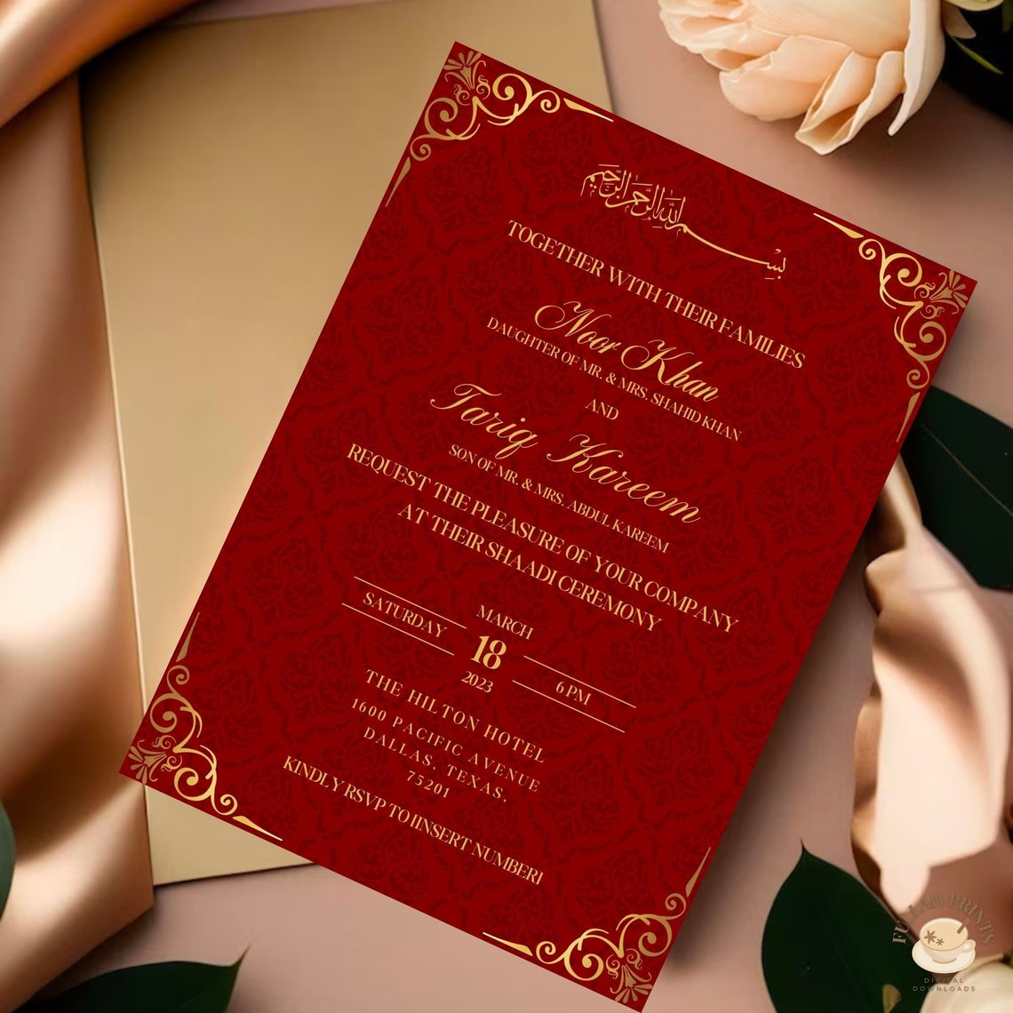 Red and Gold Islamic Wedding Invitation, Editable Islamic Wedding ...
