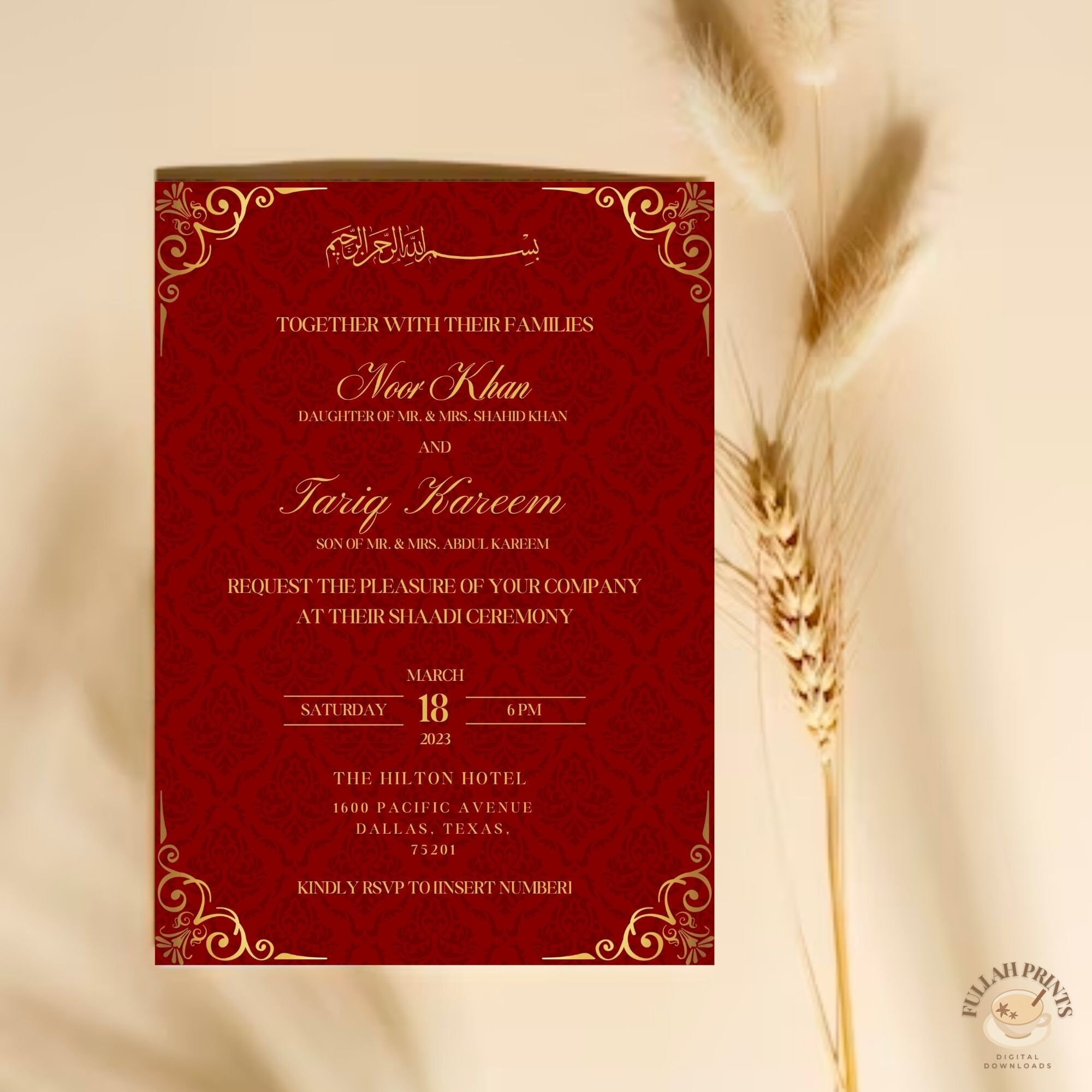 Red and Gold Islamic Wedding Invitation, Editable Islamic Wedding ...