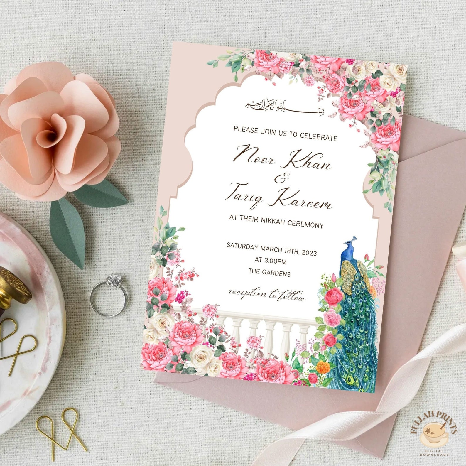 Floral Nikkah Invitation, Islamic Wedding Invitation, Pink Nikkah ...