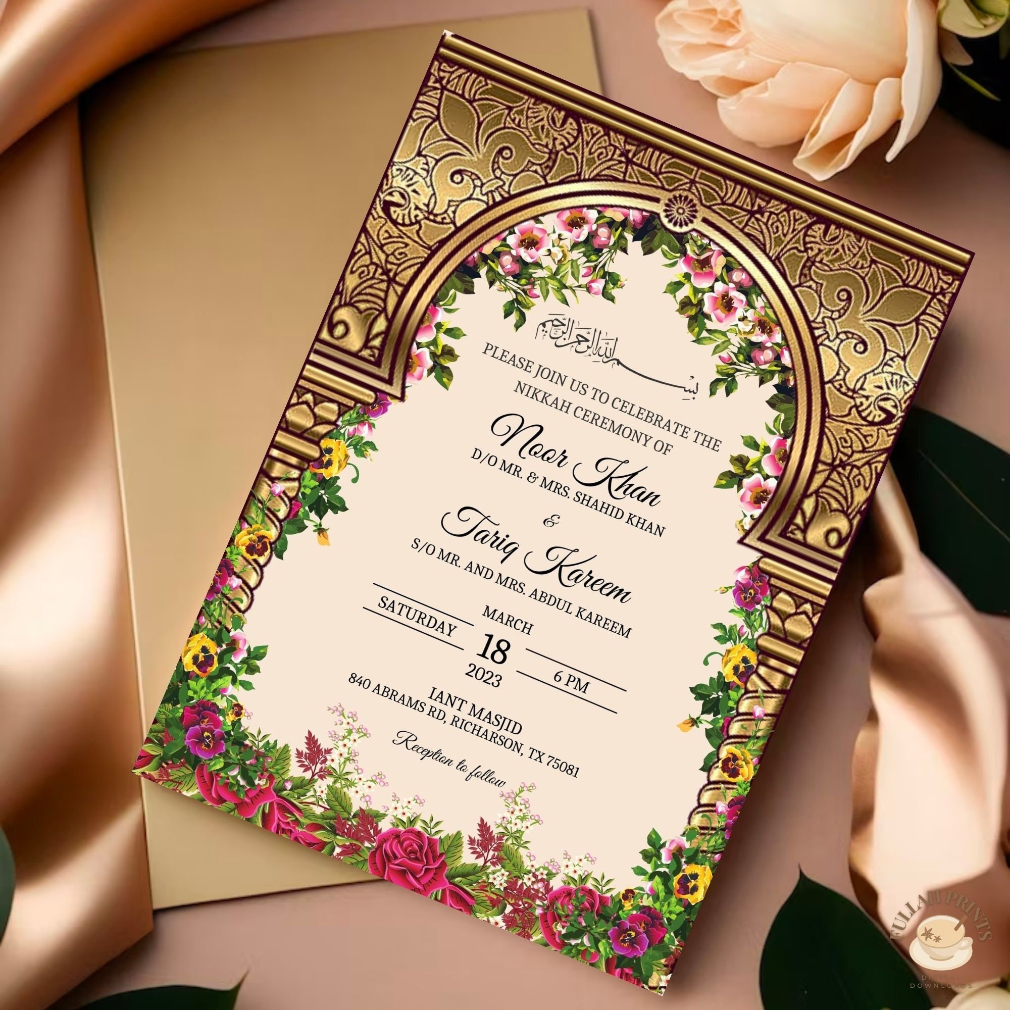 Golden Garden Nikkah Invitation, Floral Nikkah Lnvite, Islamic Wedding ...