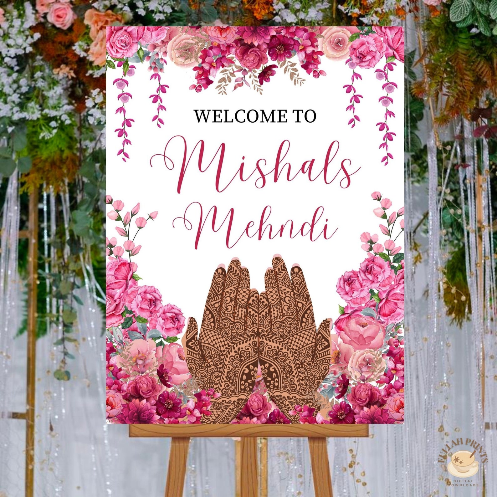 Pink Floral Mehndi Welcome Sign, Mehndi Welcome Sign, Digital Download ...