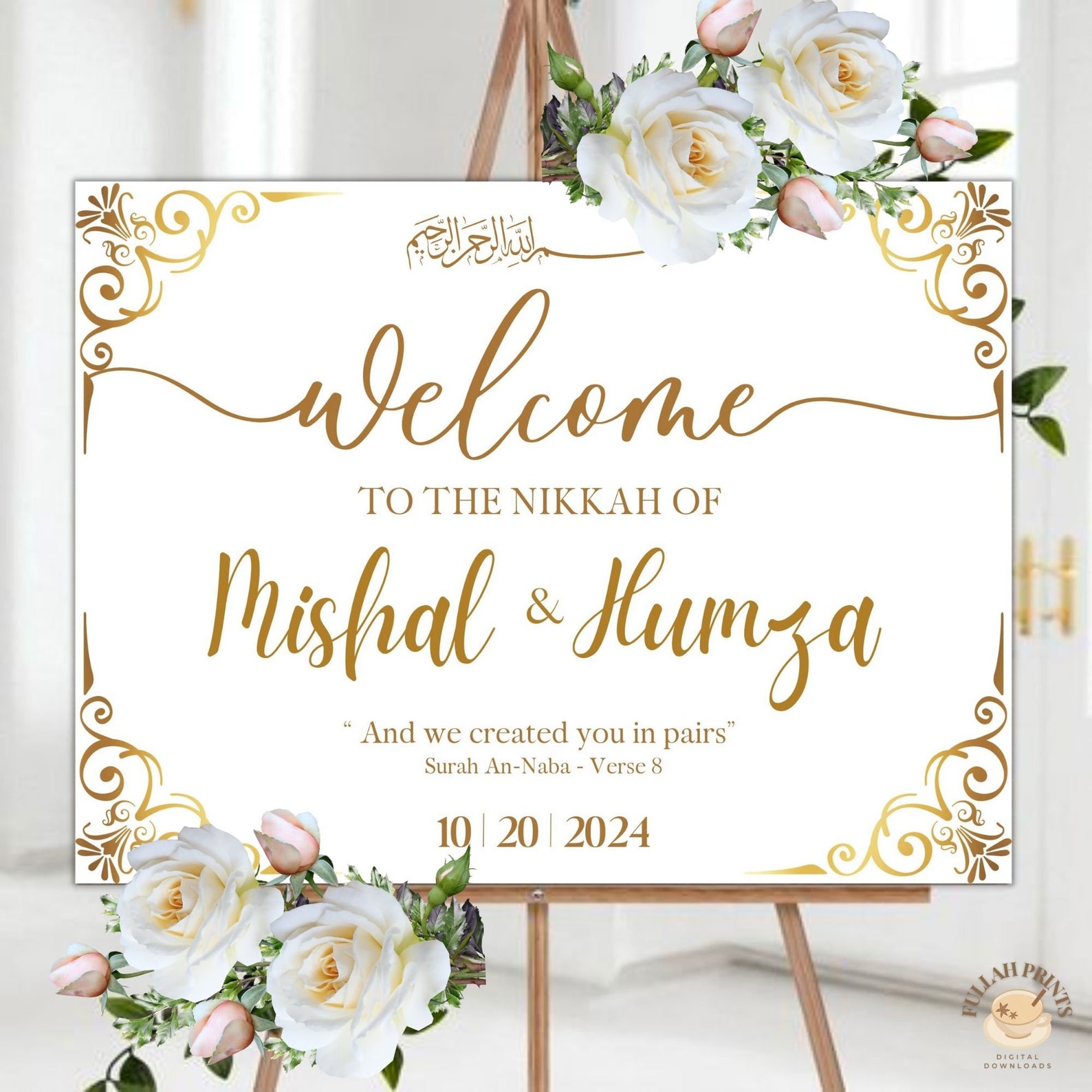 White and Gold Nikkah Welcome Sign, Elegant Islamic Wedding Welcome ...