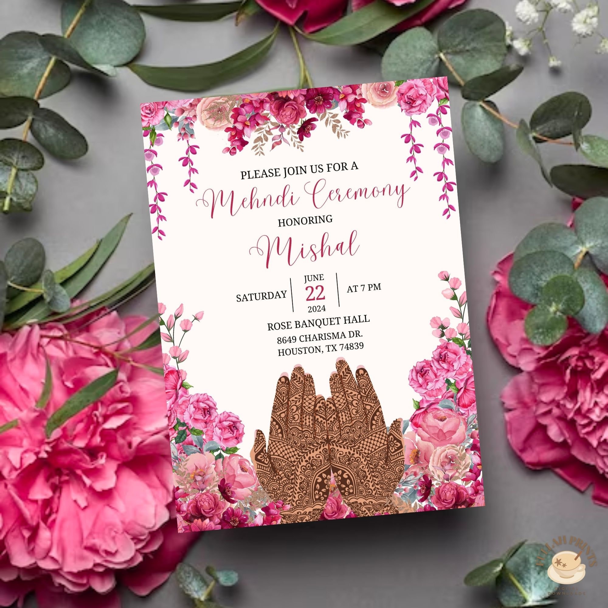 Pink Floral Mehndi Invitation, Floral Mehndi Invite, Henna Invite ...