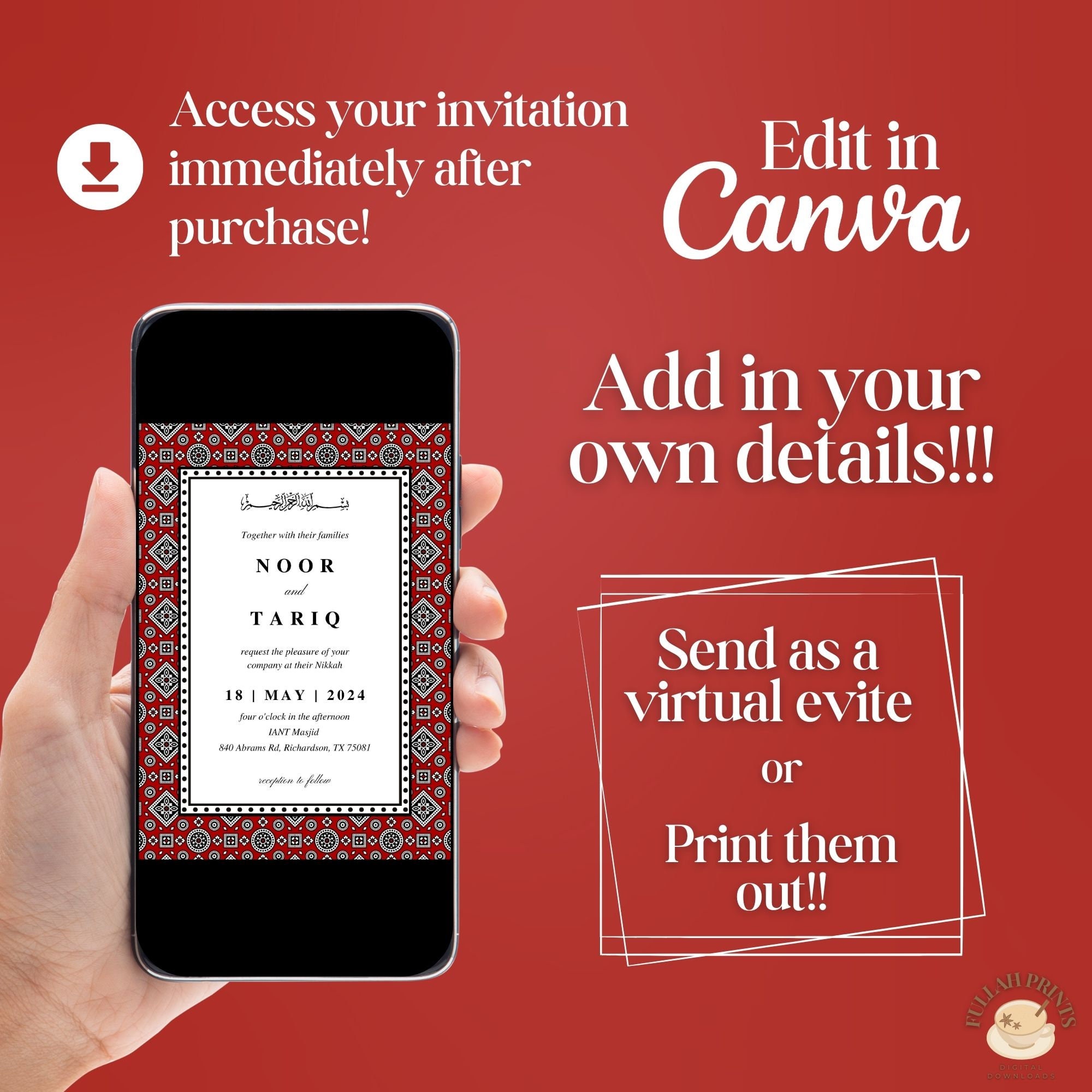 Sindhi Ajrak Themed Nikkah Invitation, Islamic Wedding Invite, Ajrakh ...