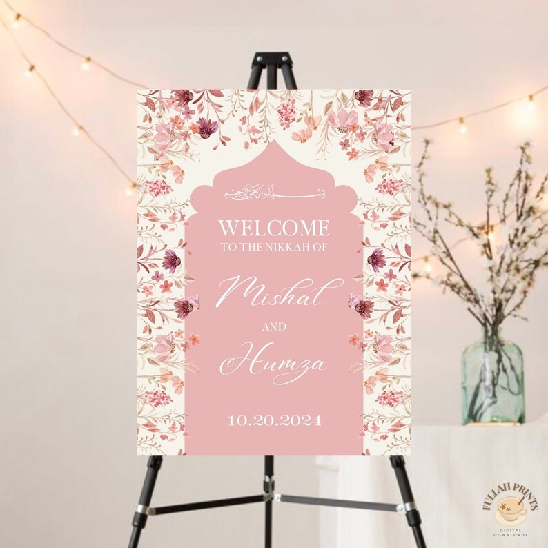 Pink Neutral Nikkah Welcome Sign, Wildflower Nikkah Sign, Mughal Arch ...