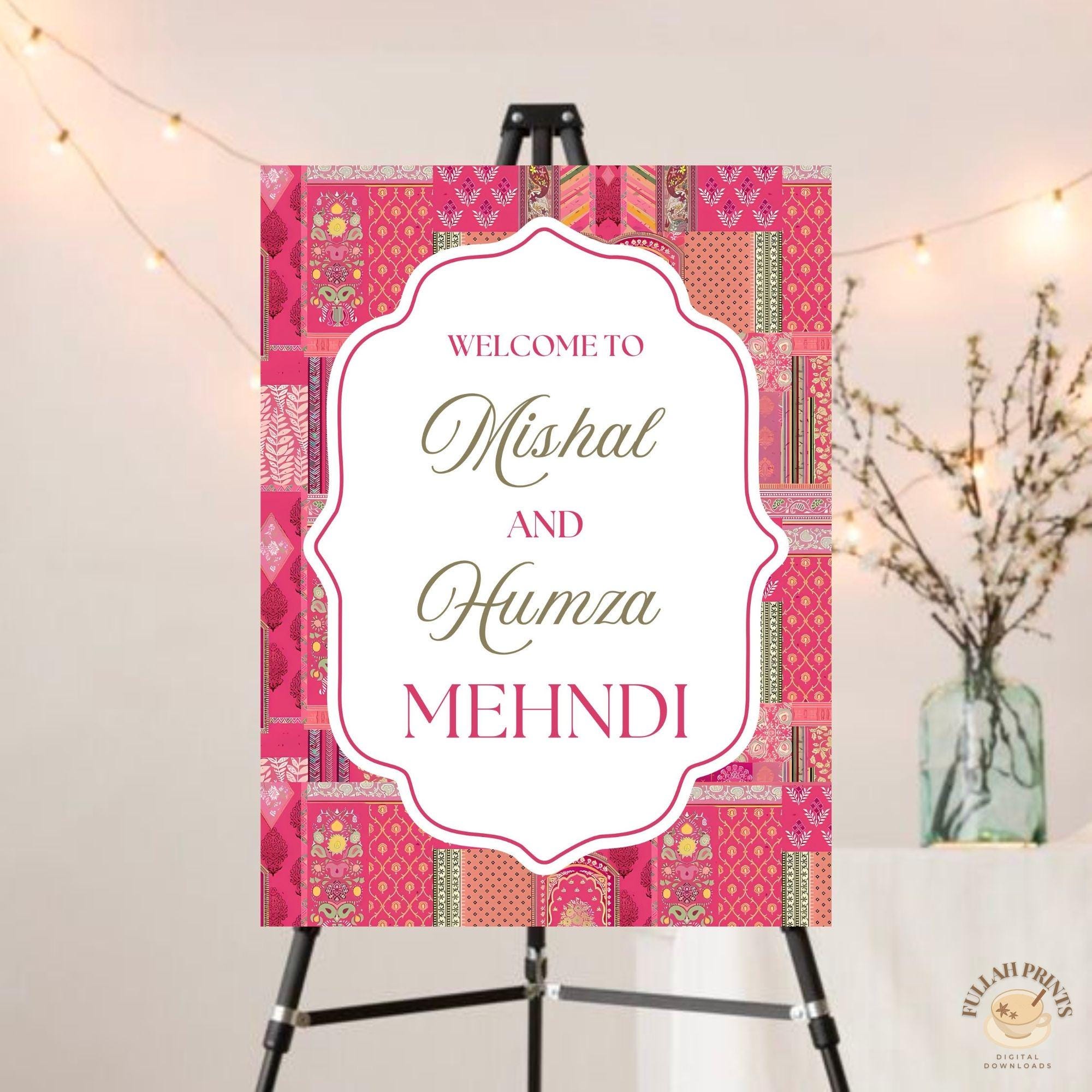 Pink Patterns Mehndi Sign, Colorful Mehndi Welcome Sign, Dholki Sign ...