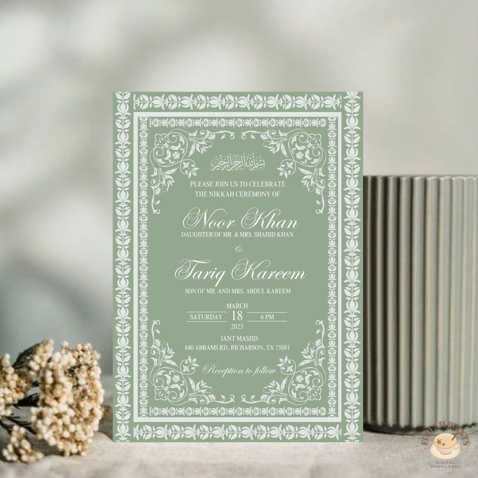 Sage Green Elegant Nikkah Invitation, Nikkah Evite, Pastel Nikkah ...