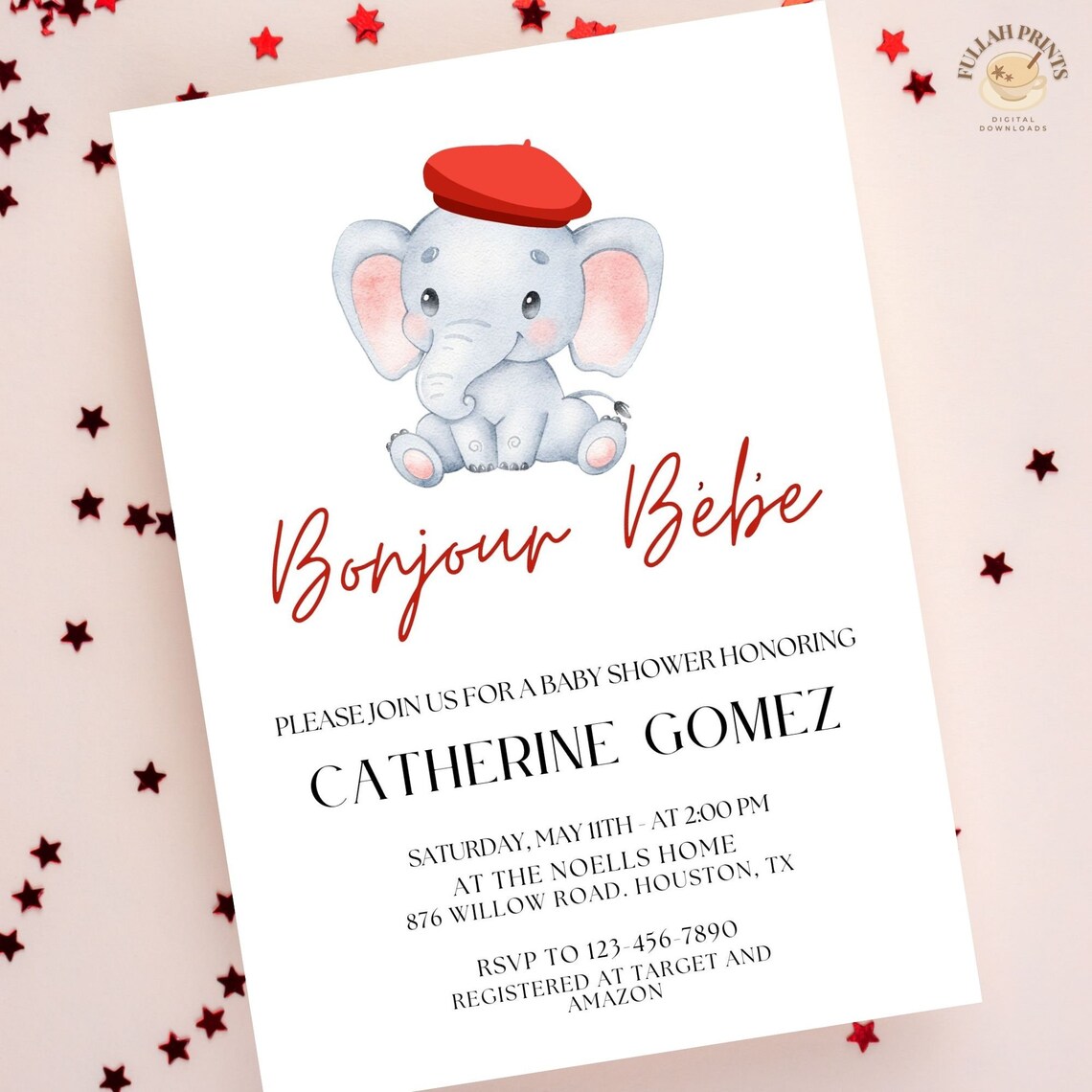 Bonjour Bebe Baby Shower Invitation, Bonjour Bebe Baby Shower, Elephant ...