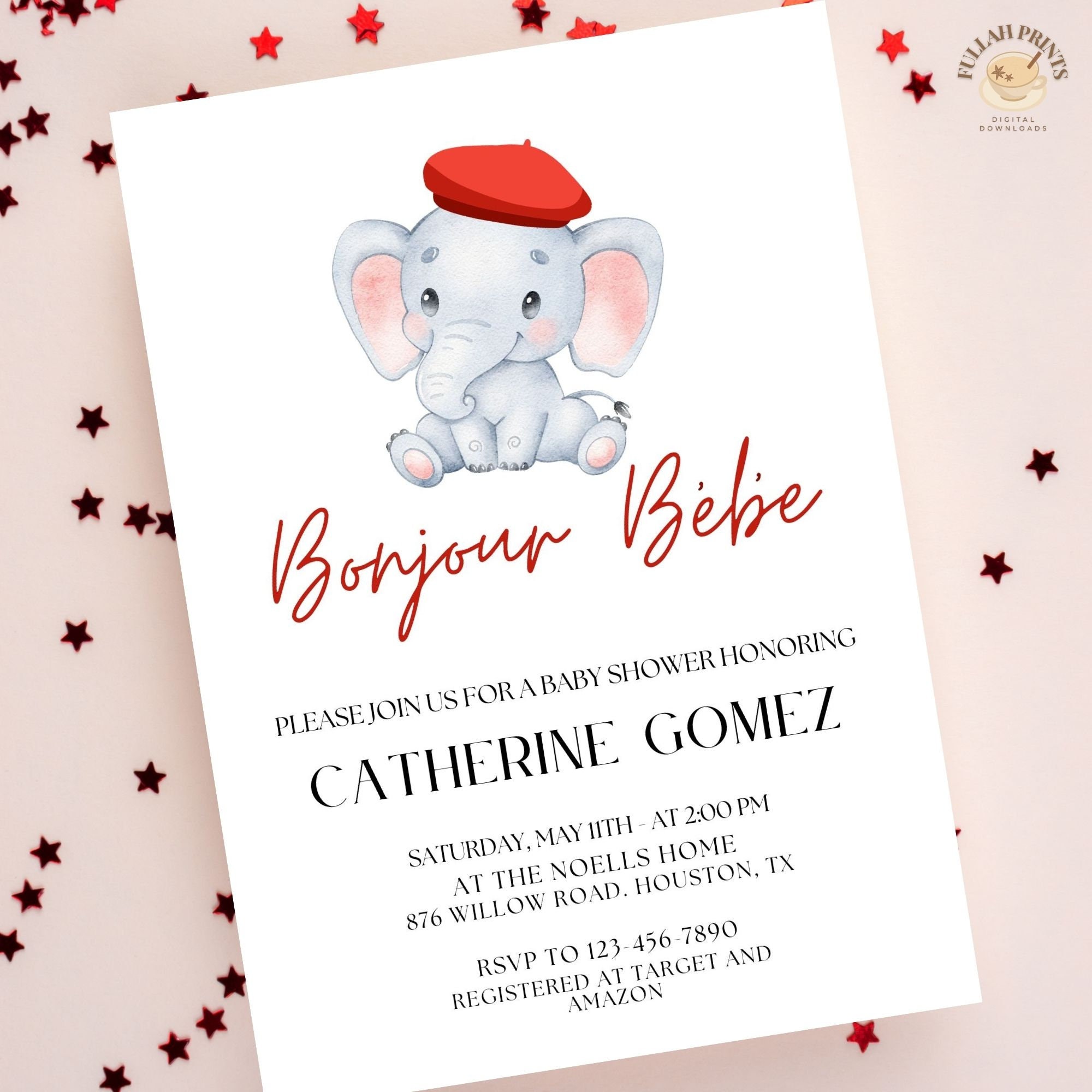 Bonjour Bebe Baby Shower Invitation, Bonjour Bebe Baby Shower, Elephant ...