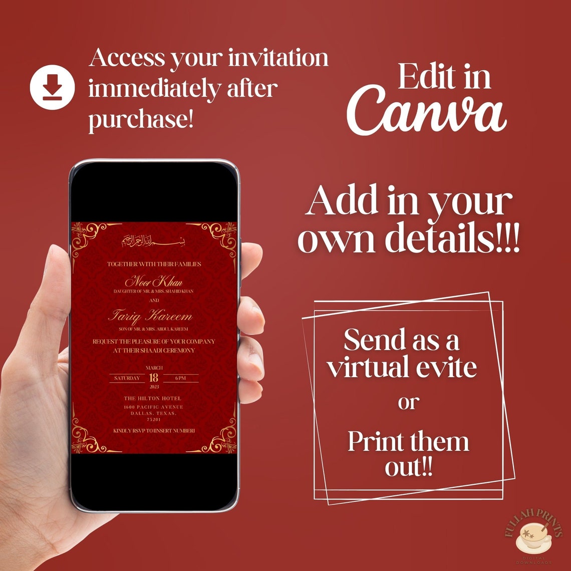 Red and Gold Islamic Wedding Invitation, Editable Islamic Wedding ...