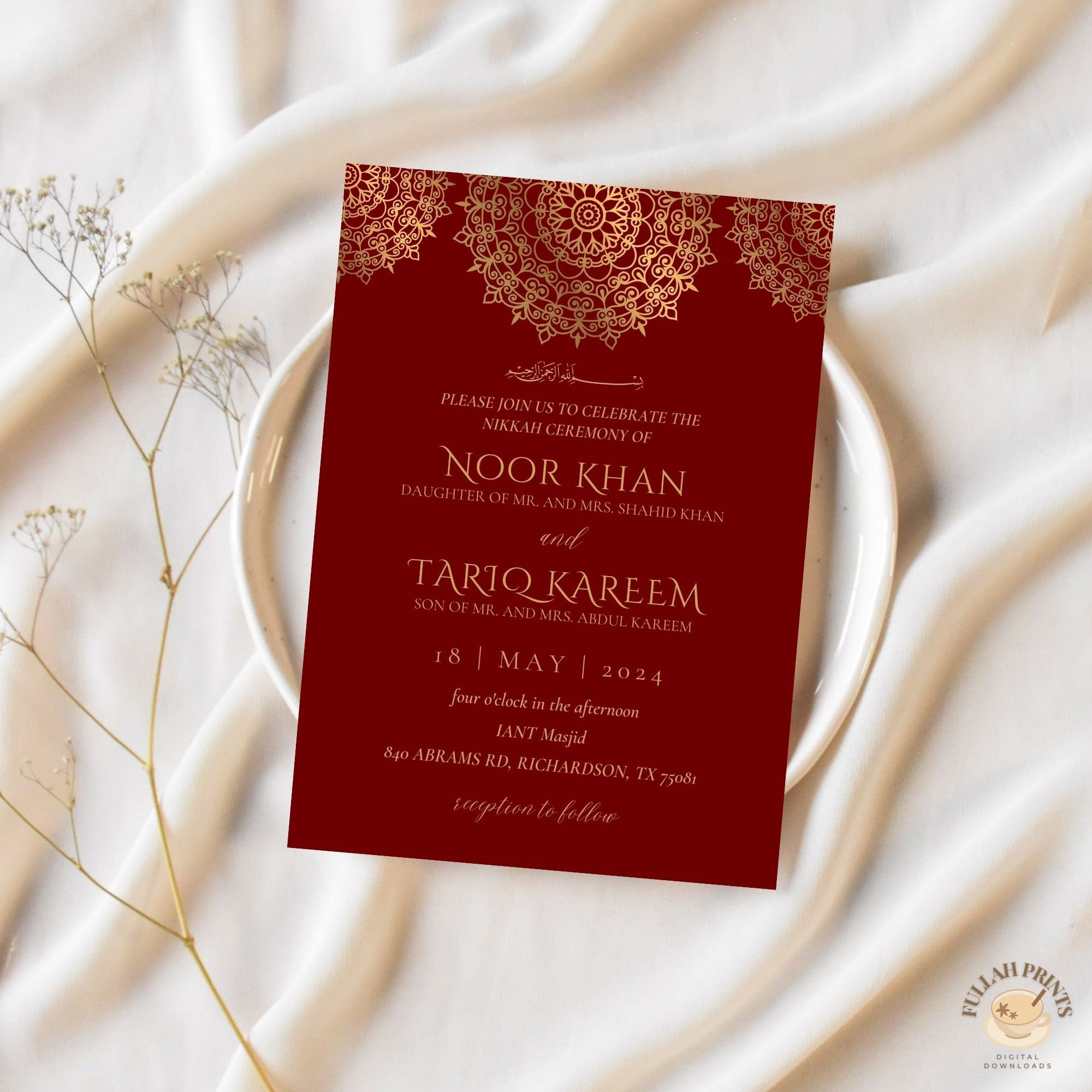 Red and Gold Mandala Islamic Wedding Invitation, Editable Islamic ...