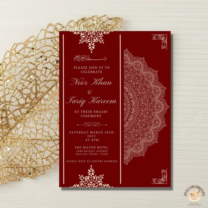 Red and Beige Shaadi Invitation, Islamic Wedding Invitation Template ...