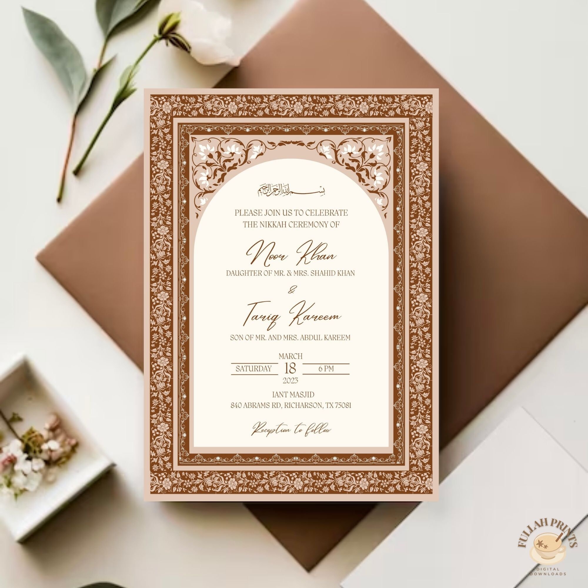 Brown Elegant and Luxurious Nikkah Invitation, Neutral Nikkah Invite ...