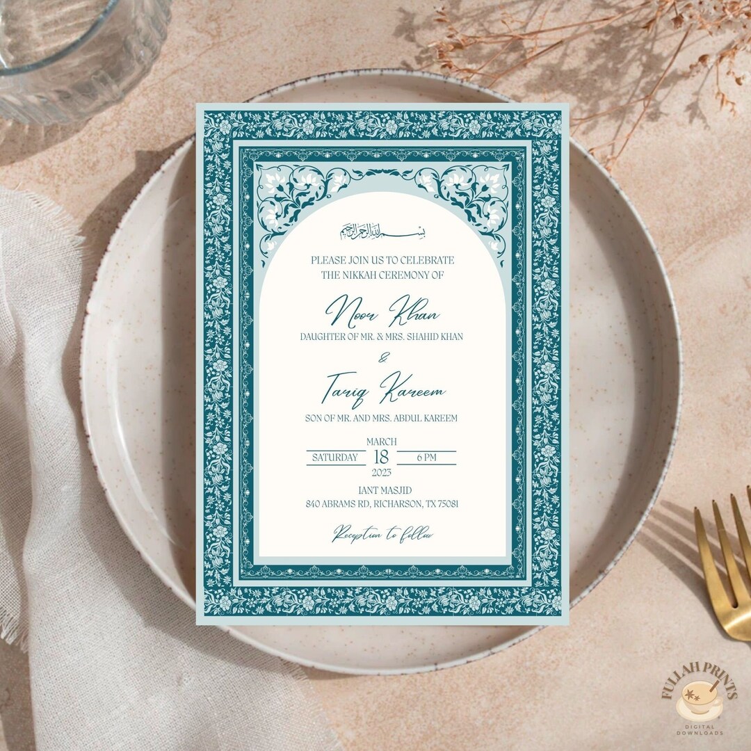 Turquoise Elegant and Luxurious Nikkah Invitation, Nikkah Evite, Nikkah ...