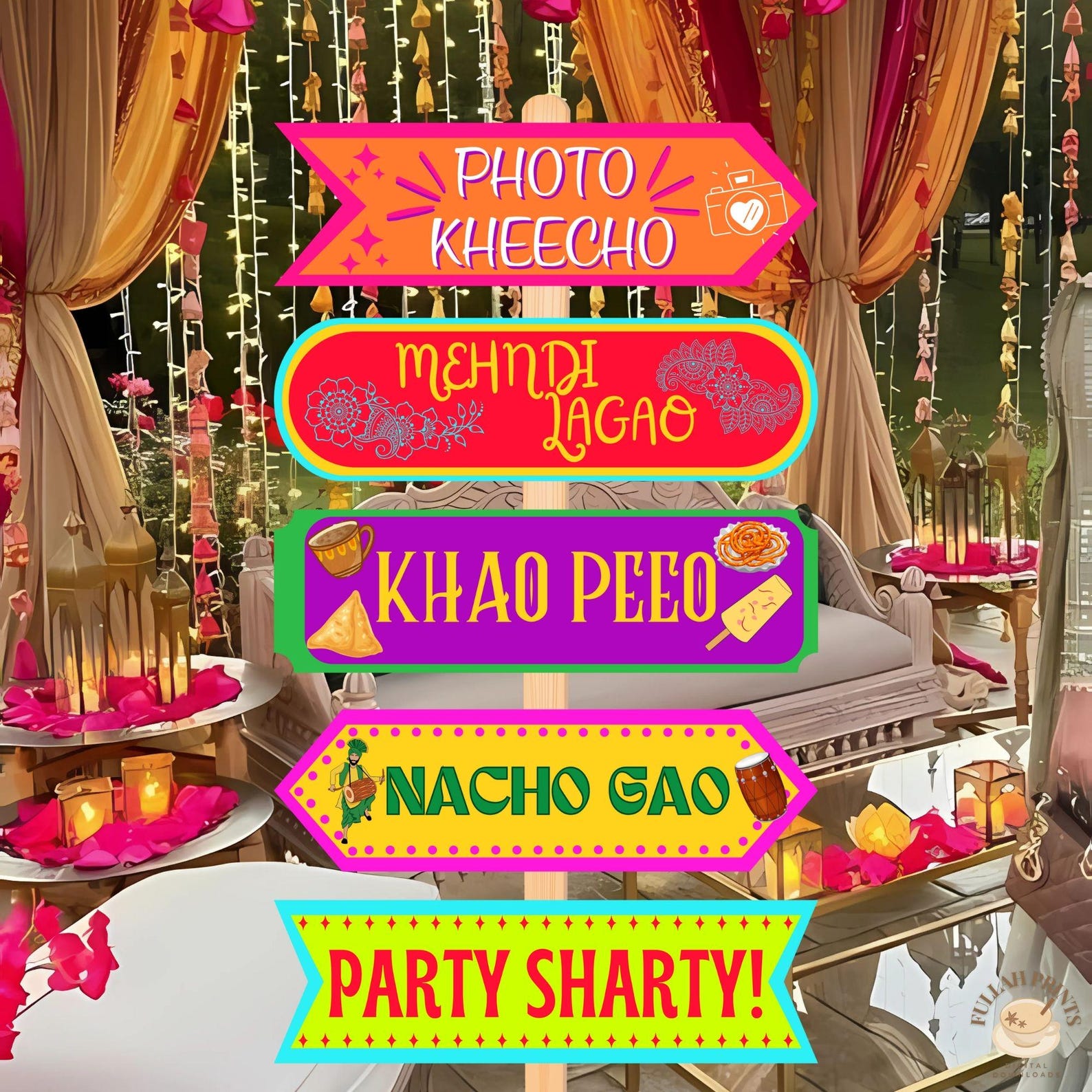 Fun and Colorful Mehndi Arrow Signs, Printable Dholki Signs, Quirky ...