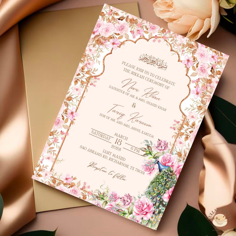 Pink Floral Nikkah Invitation, Digital Nikkah Invite Template, Peacock ...