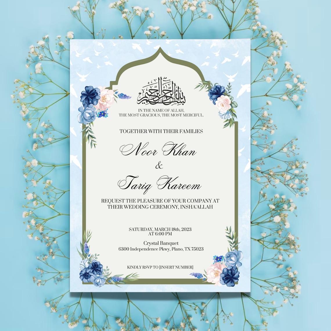 Light Blue Islamic Wedding Invitation, Editable Template, Digital ...