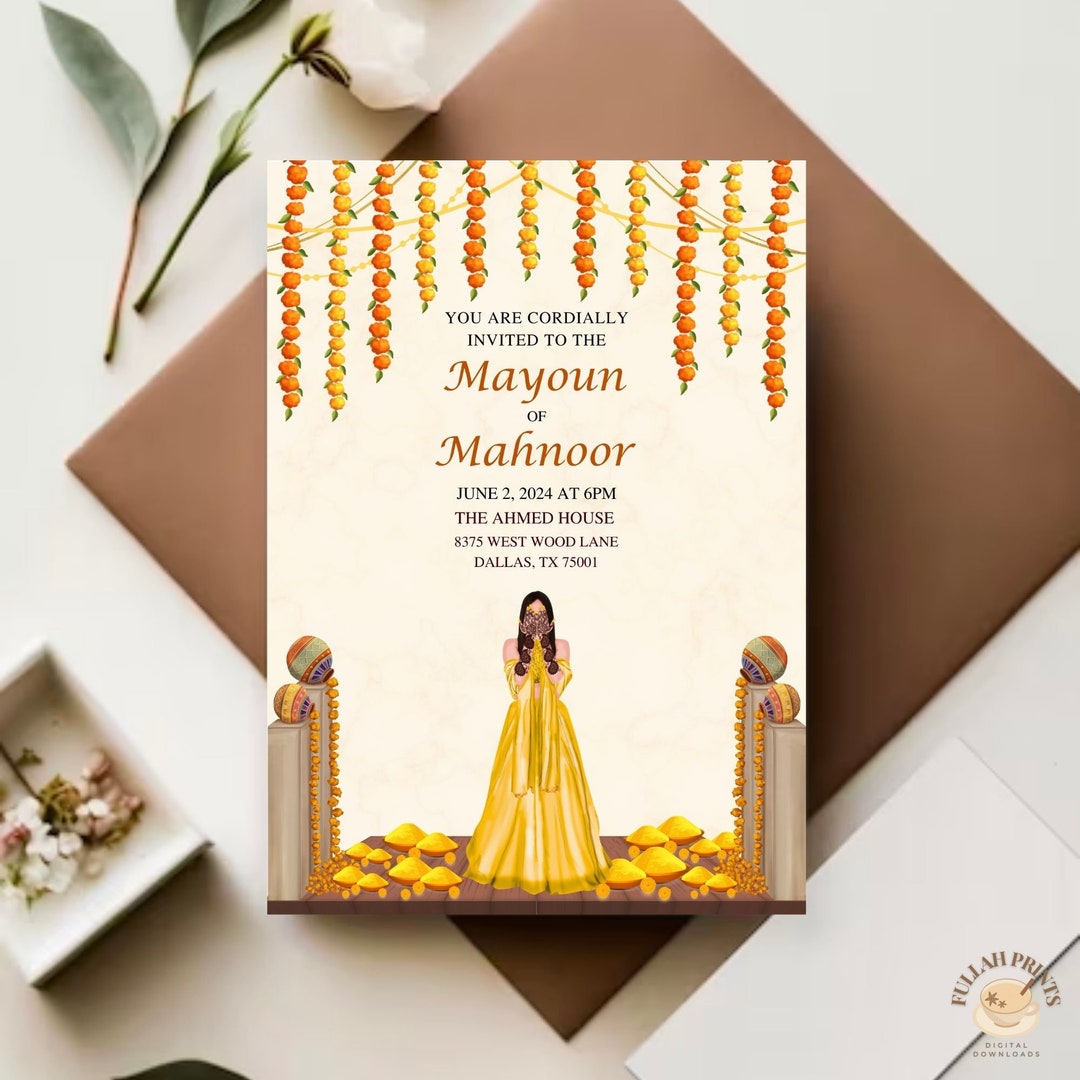 Marigold Mayoun Invitation Template, Mayoun Invite, Dholki Invitation ...