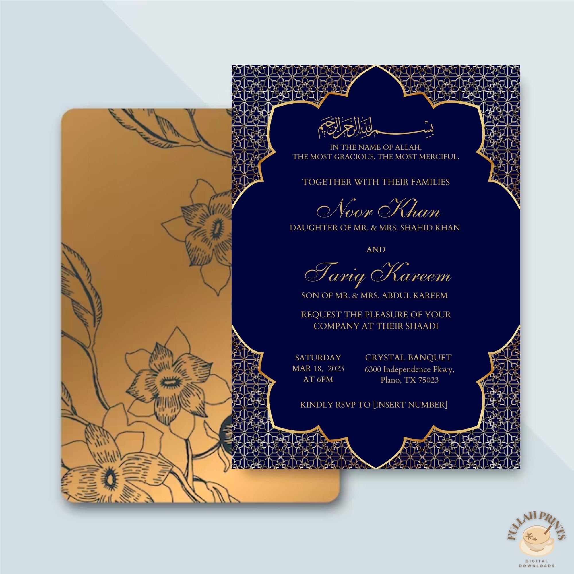 Navy and Gold Islamic Wedding Invitation, Elegant Islamic Wedding ...