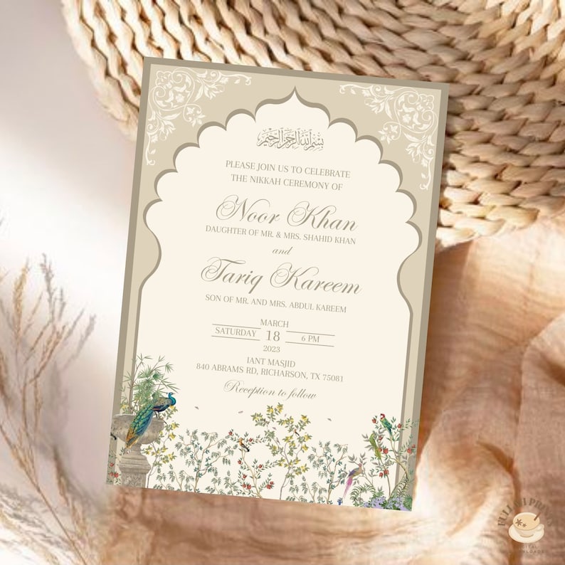 Neutral Mughal Garden Nikkah Invitation, Islamic Wedding Invite ...