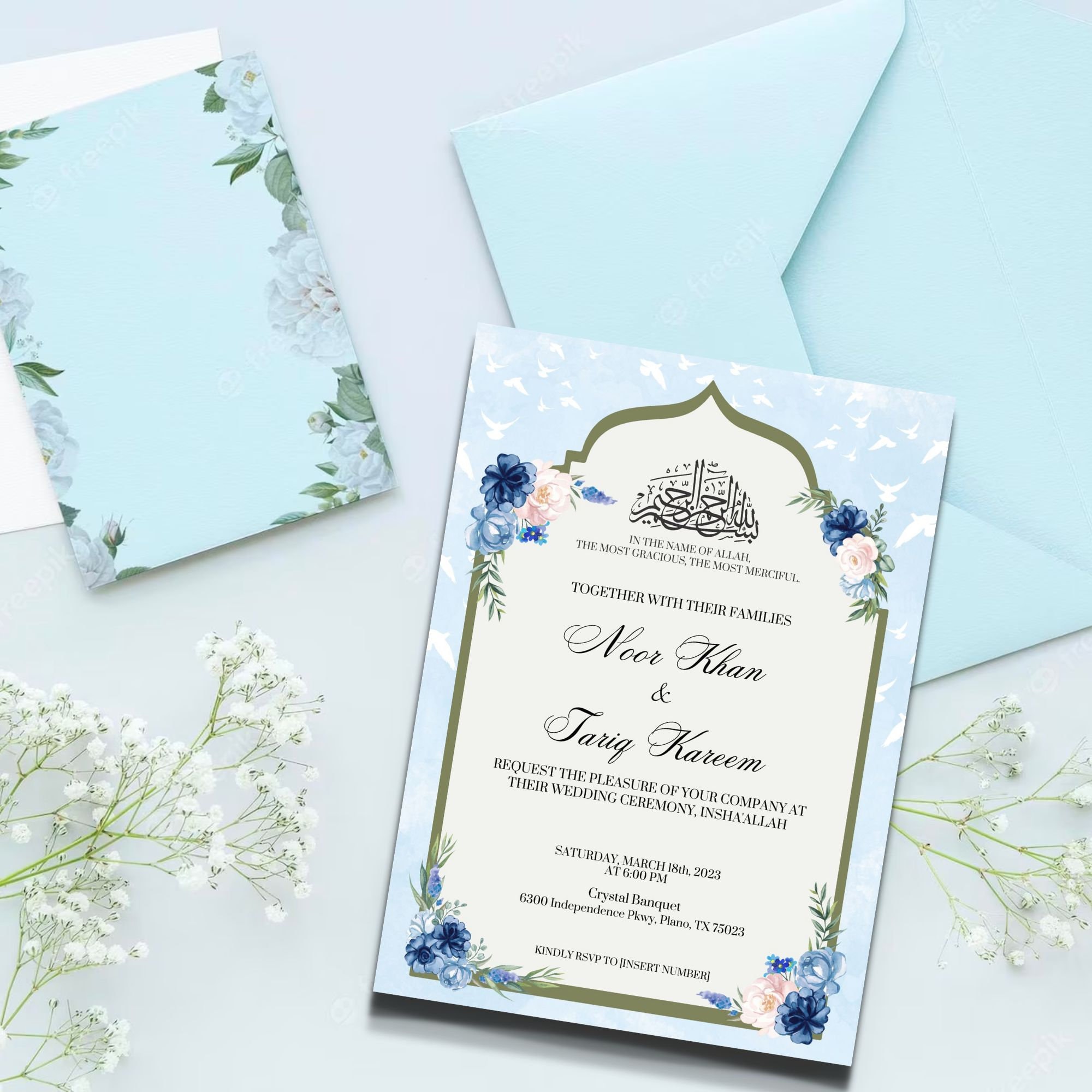 Light Blue Islamic Wedding Invitation, Editable Template, Digital ...