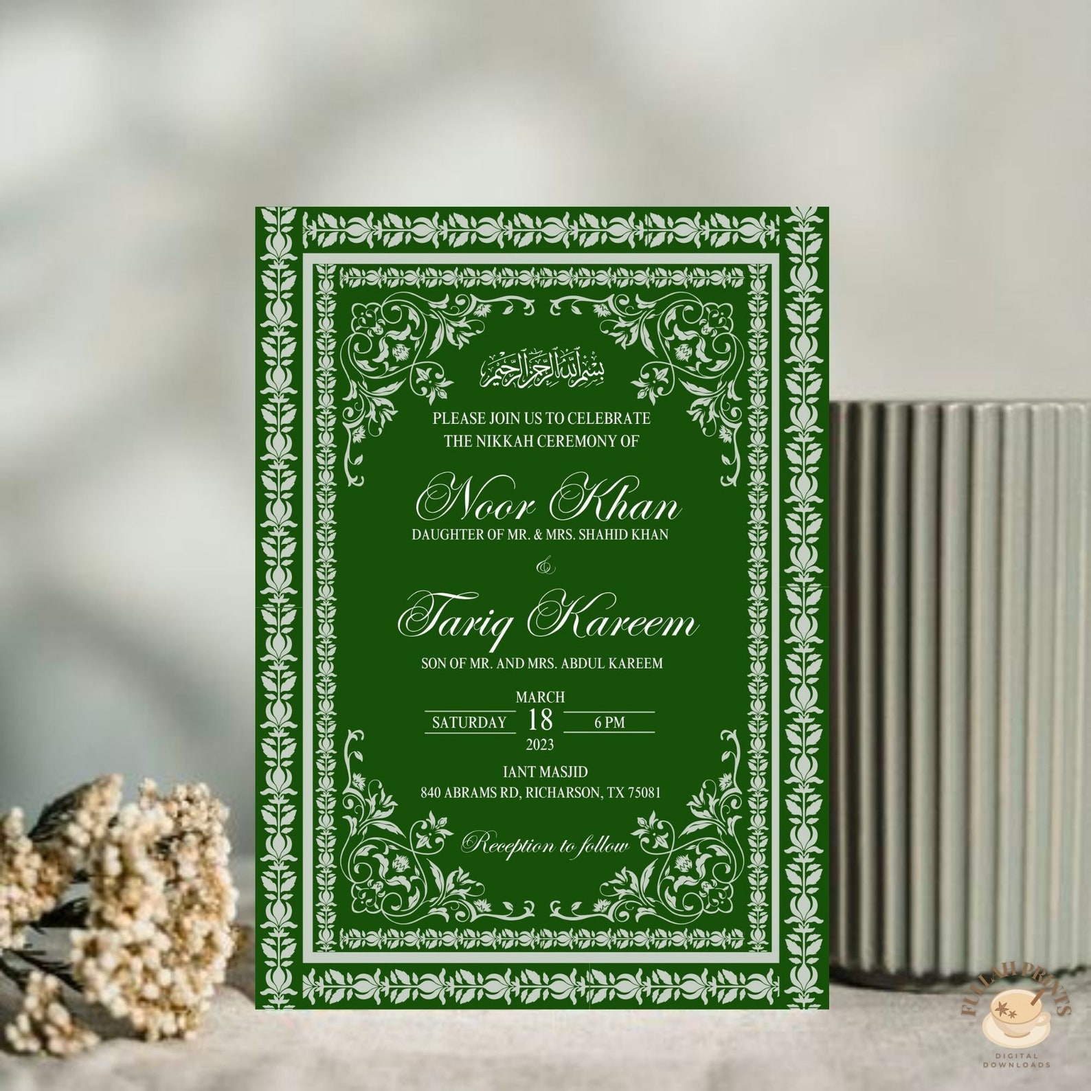 Emerald Green Elegant Nikkah Invitation, Nikkah Evite, Nikkah Invite ...