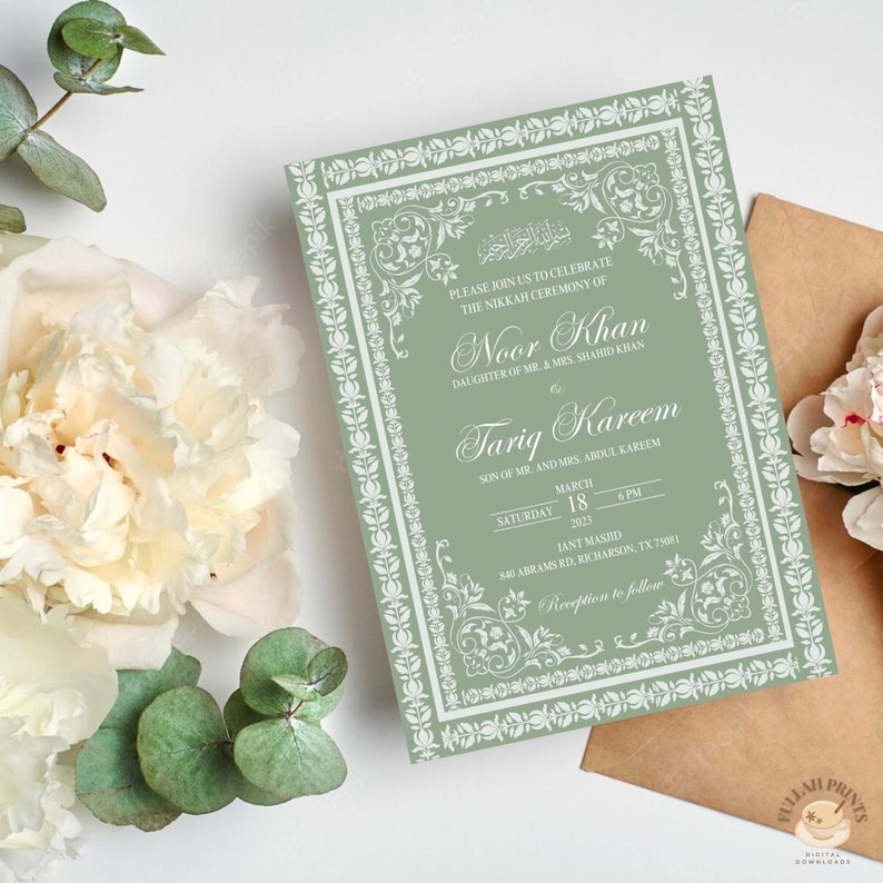 Sage Green Elegant Nikkah Invitation, Nikkah Evite, Pastel Nikkah ...
