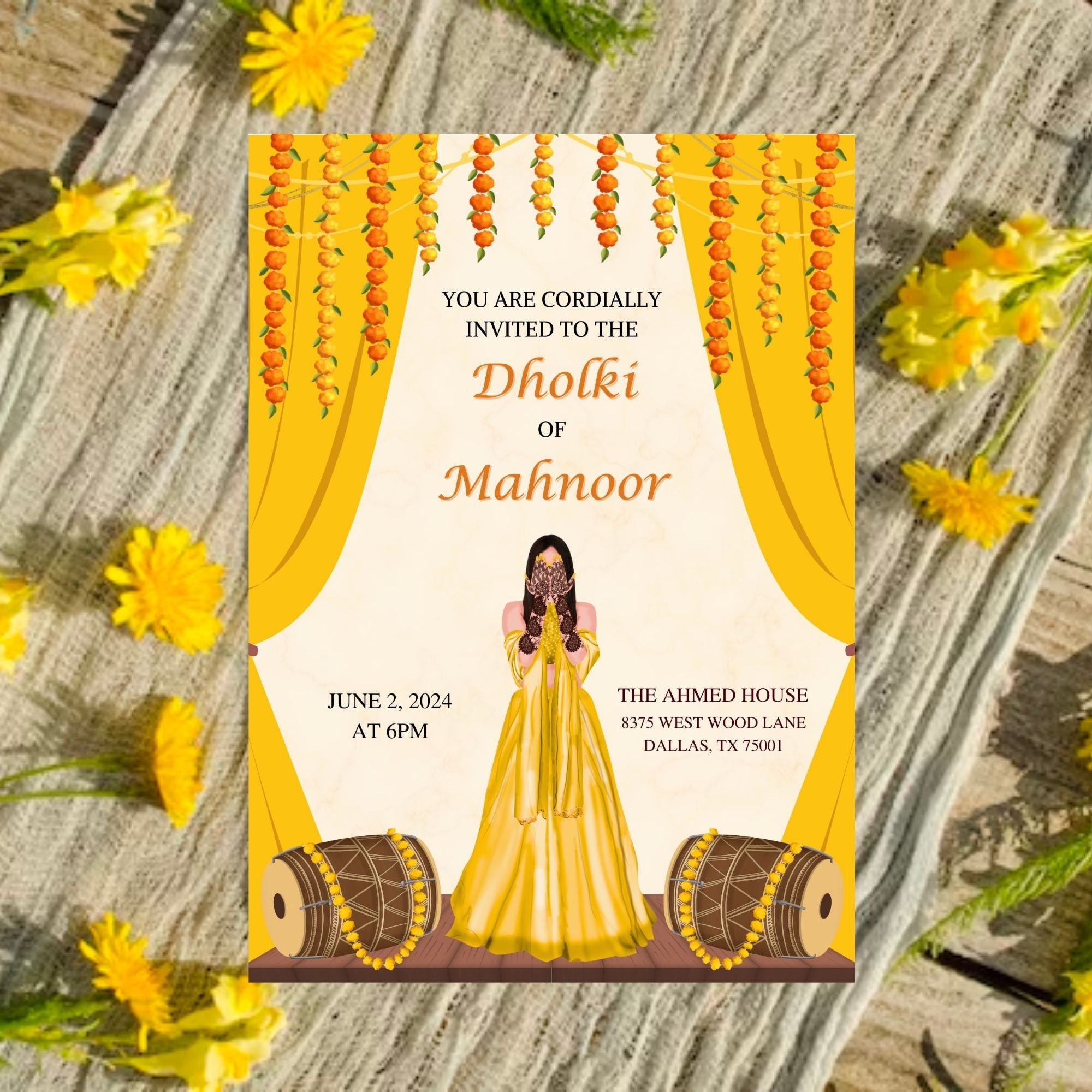 Marigold Dholki Invitation Template, Mayoun Invite, Dholki Invitation ...