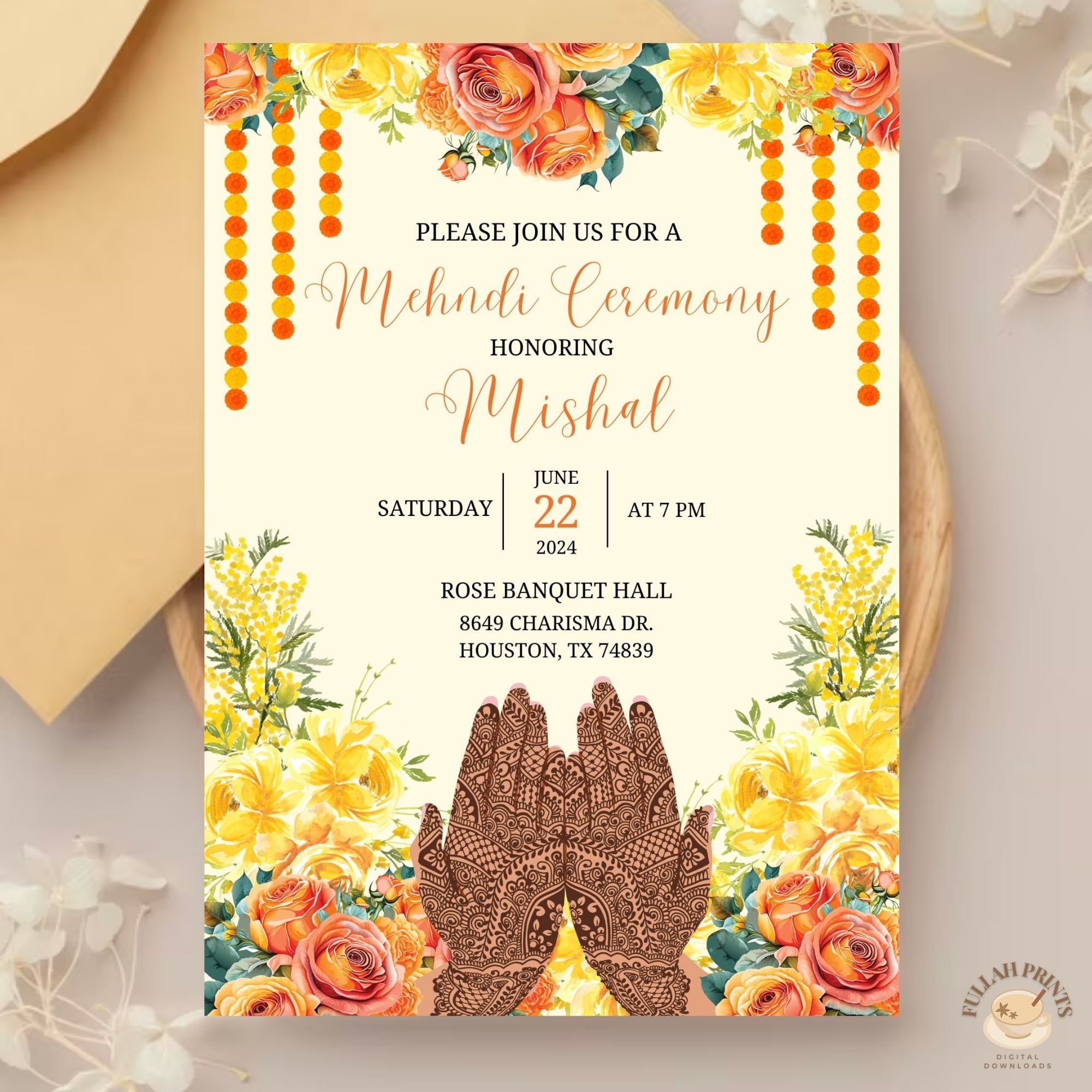 Yellow and Orange Mehndi Invitation, Floral Mehndi Invite, Henna Invite ...