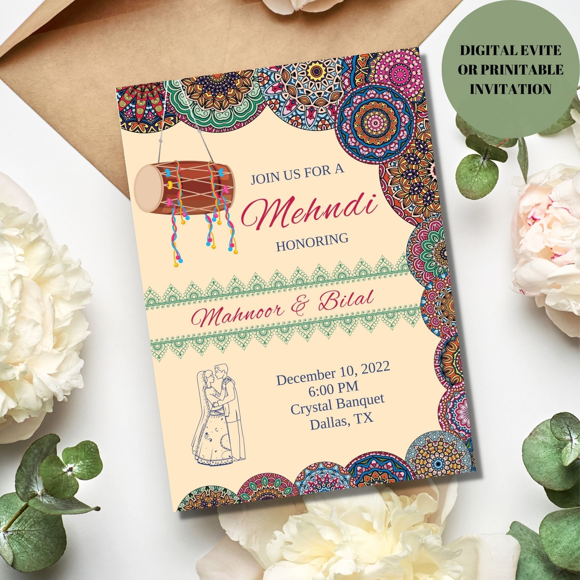 Mehndi Invitation Template, Editable Mehndi Invites, Colorful Mehndi ...