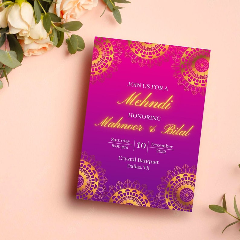 Mehndi Invitation Card, Pink and Purple Mehndi Invite, Mehndi Invite ...