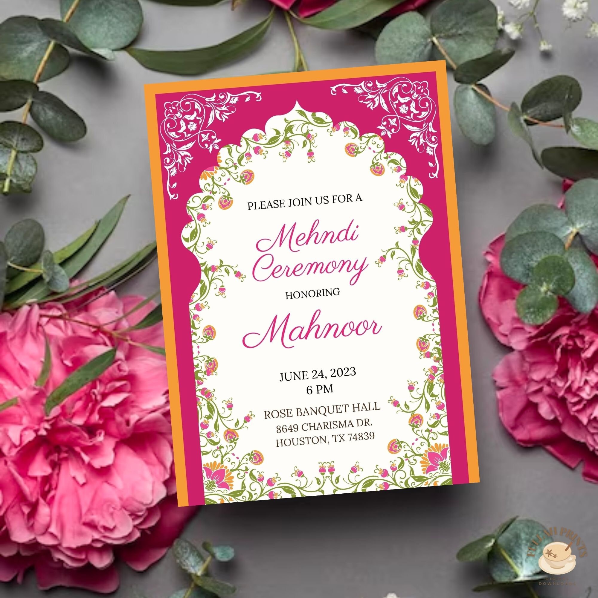 Floral Arch Mehndi Invitation, Dholki Invite, Editable Template, Mehndi ...