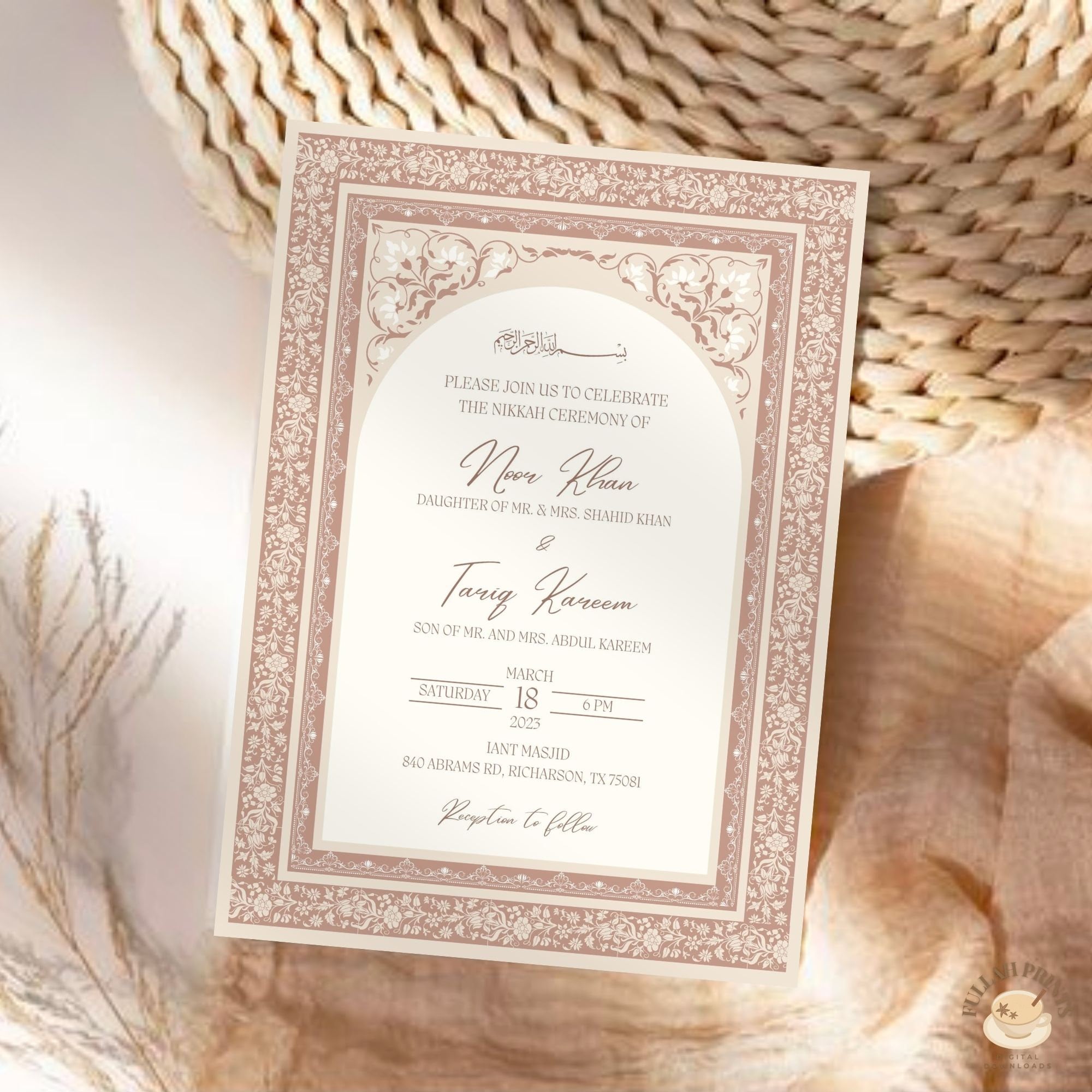 Elegant Nikkah Invitation Template: Islamic Wedding, Neutral Arch ...